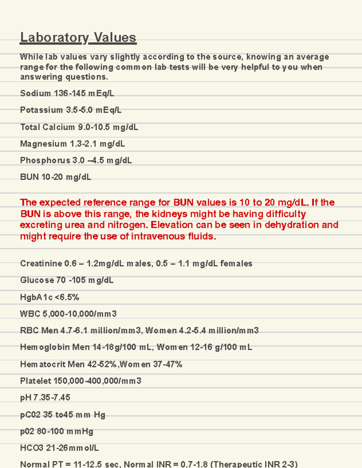 ATI Lab values - ATI value - Laboratory Values While lab values vary ...