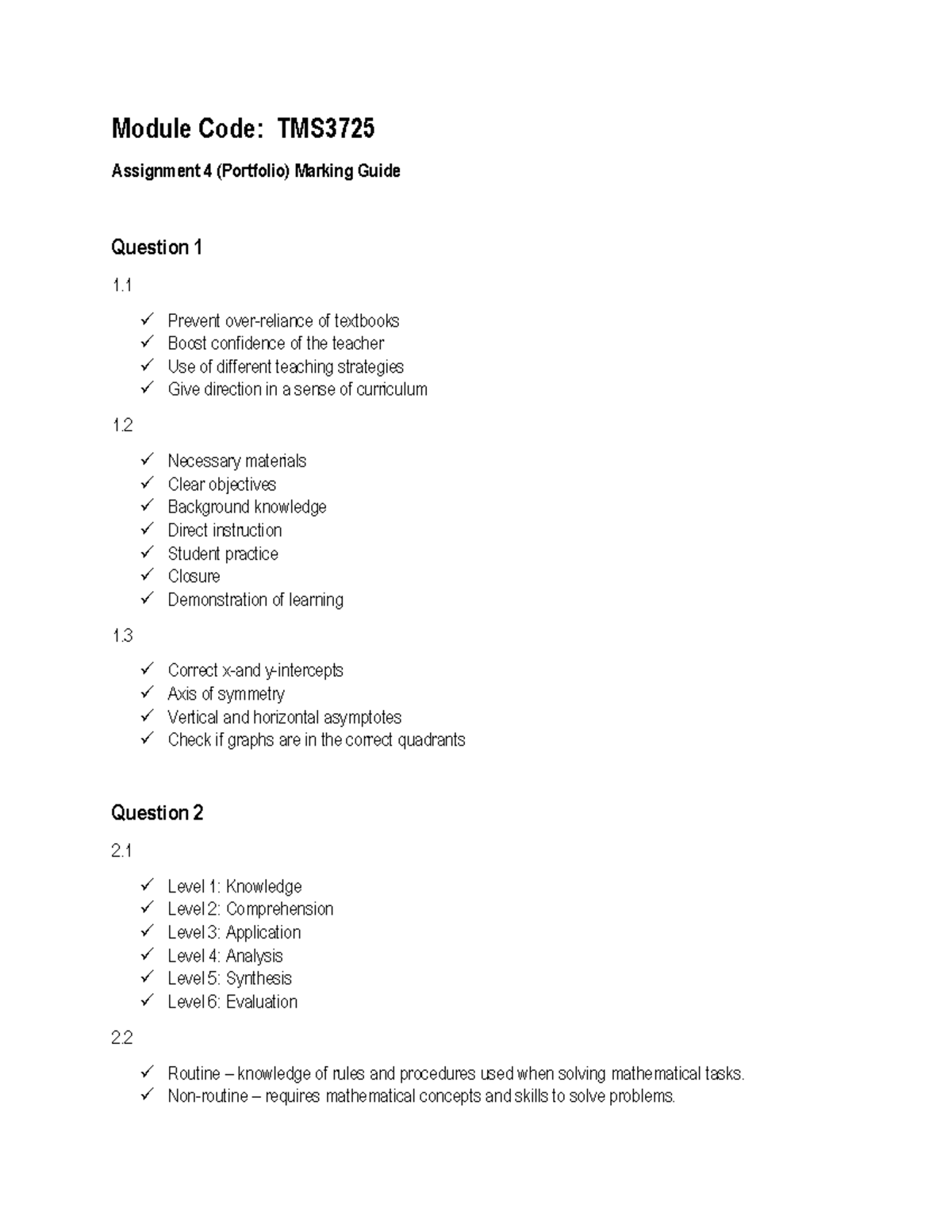 TMS-Portfolio Marking Guide - Copy - Module Code: TMS 3725 Assignment 4 (Portfolio) Marking ...