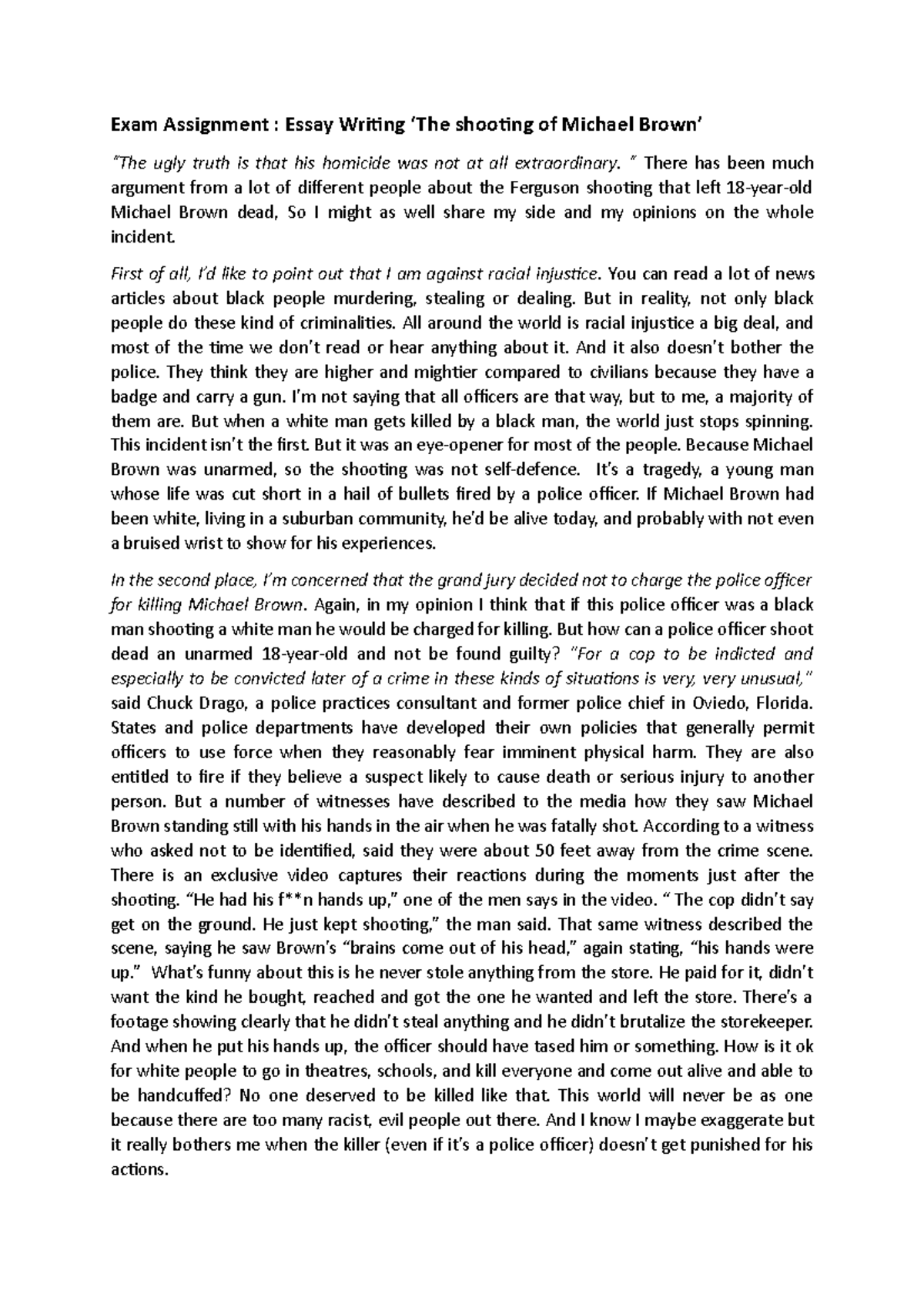Werkstuk " michael brown shooting" - Exam Assignment : Essay Writing ...