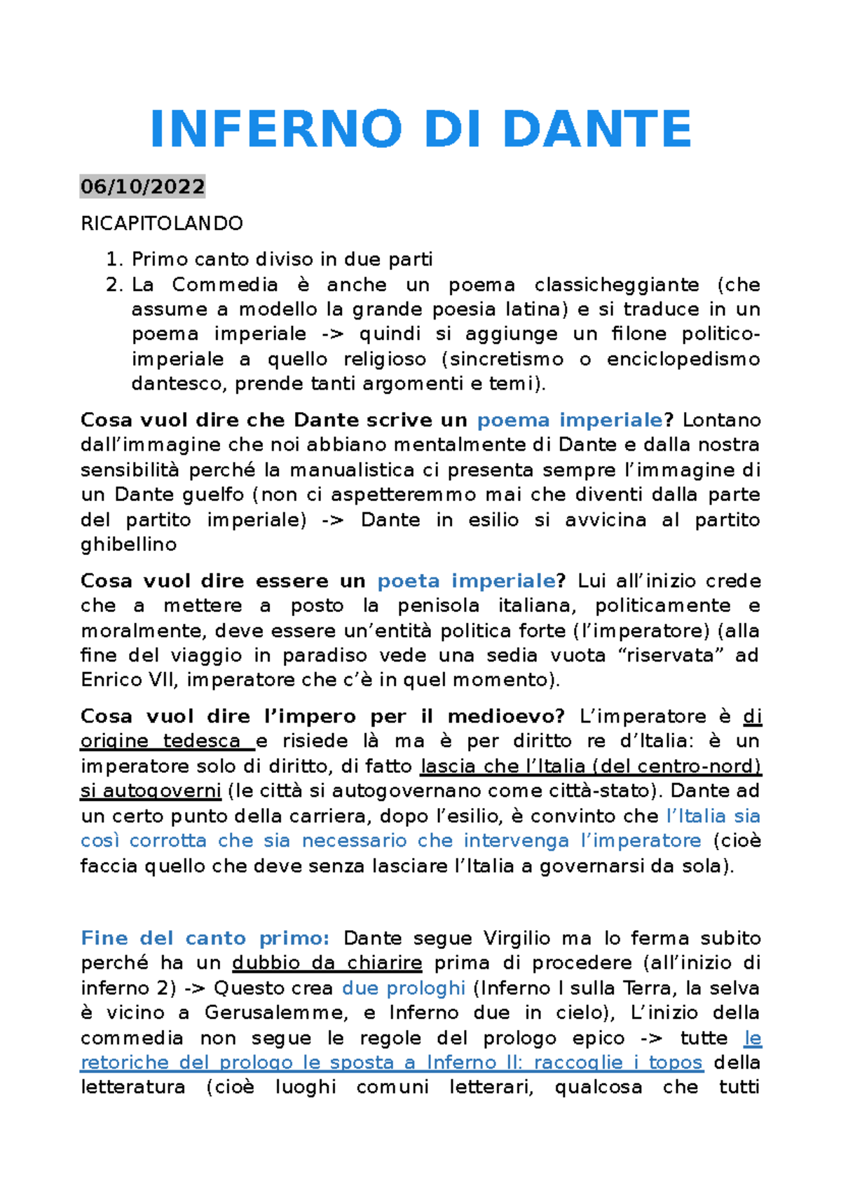 Inferno di Dante - INFERNO DI DANTE 06/10/ RICAPITOLANDO 1. Primo canto ...