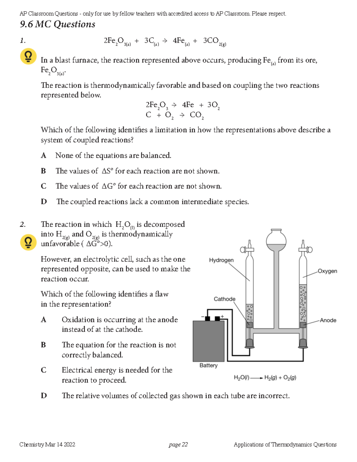9 - Unit 9 Electrochemistry Practice Problems - 9 MC Questions 2Fe 2 O3 ...