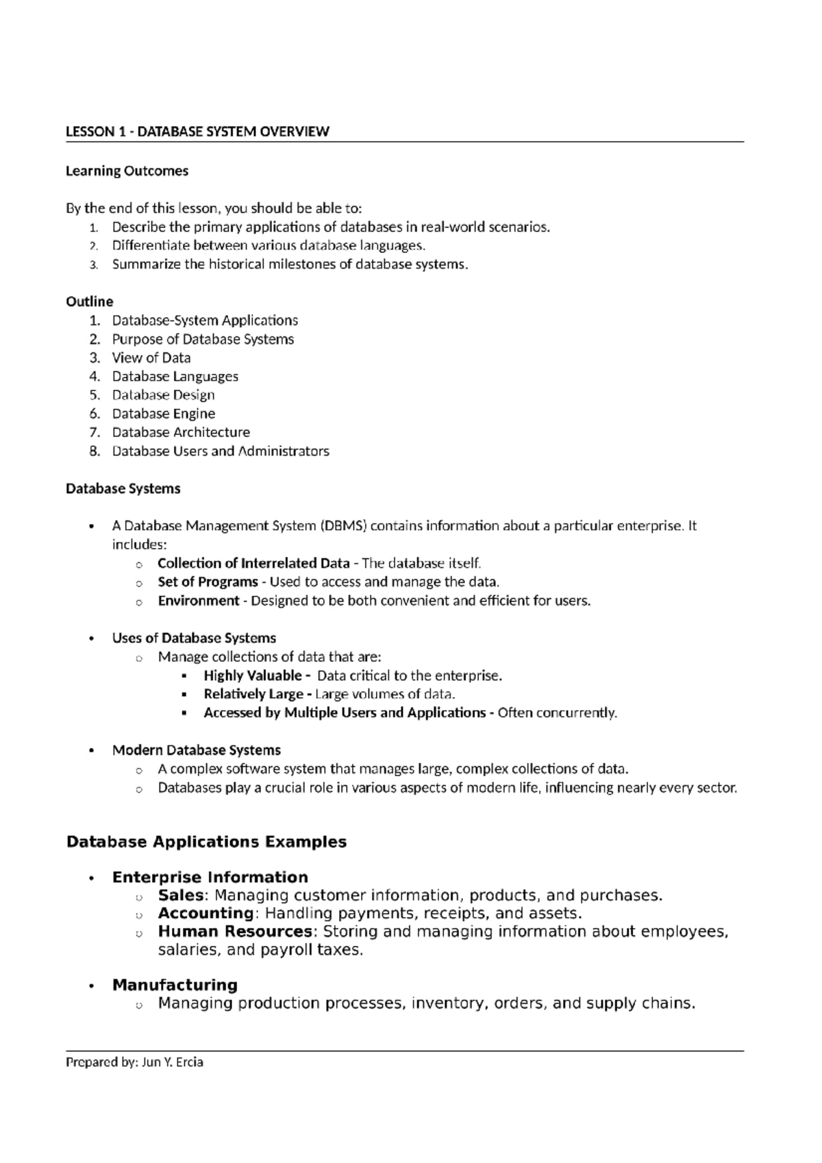 Lesson 1 Database System Overview - LESSON 1 DATABASE SYSTEM OVERVIEW Learning Outcomes the end ...