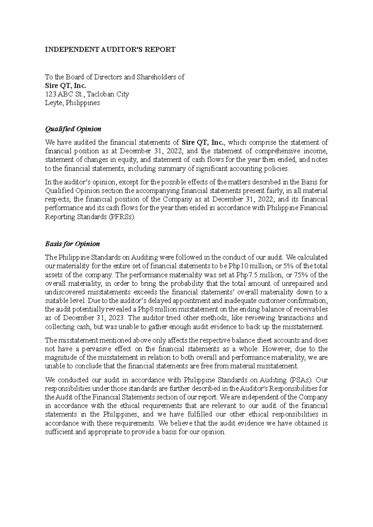 Independent Auditor'S Report - INDEPENDENT AUDITOR'S REPORT To the ...