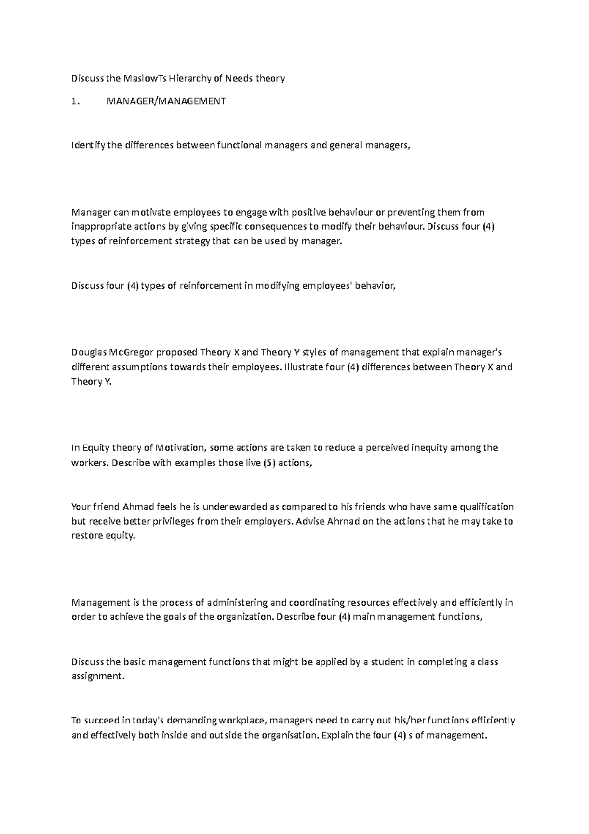 MGT400 analysis past year questions group A - Discuss the MaslowTs ...