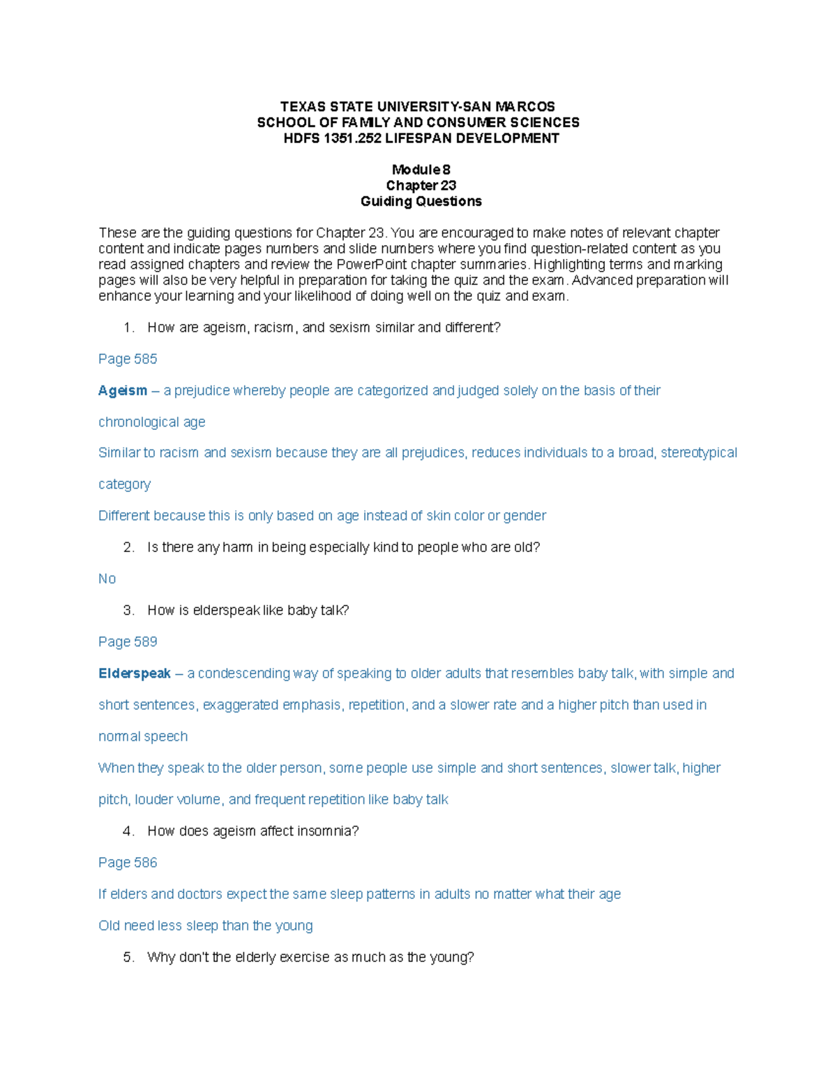 Ch. 23 Late Adulthood Biosocial Guided Questions - TEXAS STATE ...