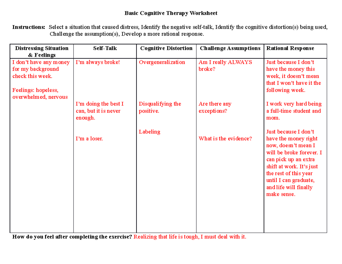 Cognitive Therapy Worksheet-1 - Basic Cognitive Therapy Worksheet ...