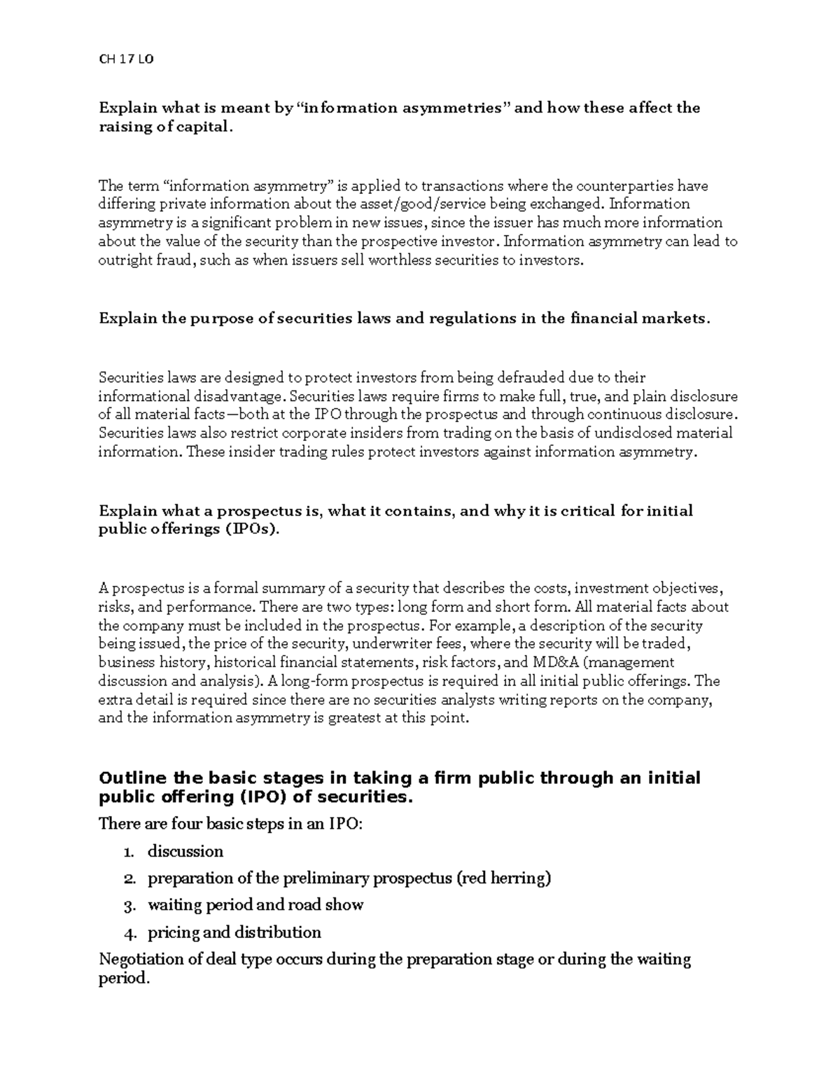 CH 17 LO - Learning Objectives throughout ch 17 - Introduction to Corporate Finance WileyPLUS ...