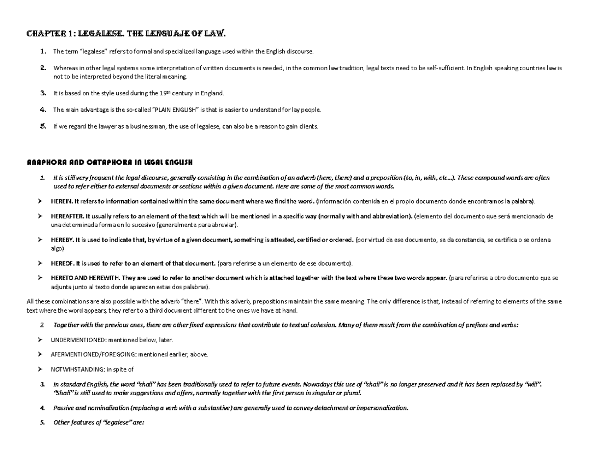 Inglés tema 1 - CHAPTER 1: LEGALESE. THE LENGUAJE OF LAW. 1. The term ...