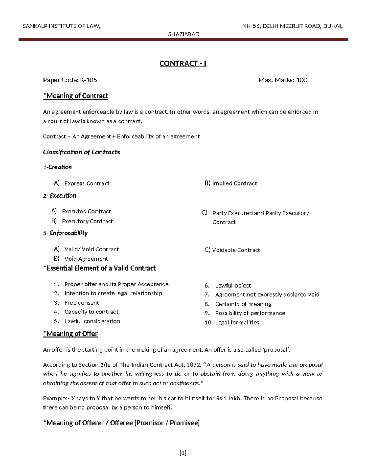 Contract - Note -1 - GHAZIABAD CONTRACT - I Paper Code: K-105 Max ...