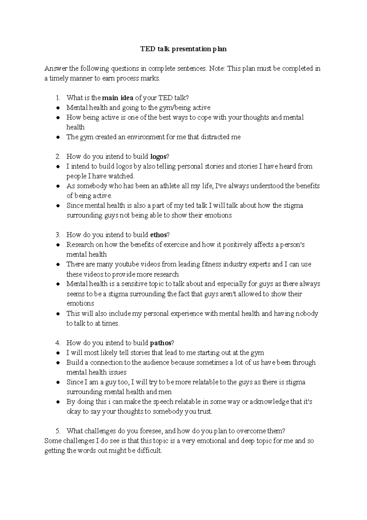 Ted talk plan for English - TED talk presentation plan Answer the ...