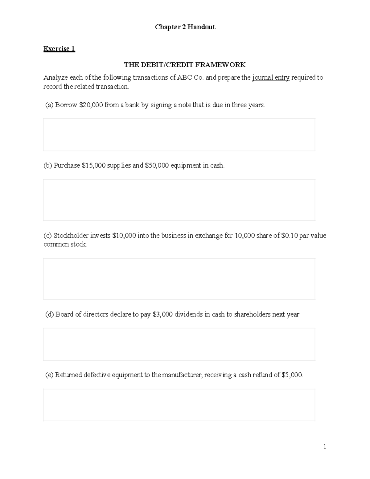 Chapter 2 Handout 1 - Exercise 1 THE DEBIT/CREDIT FRAMEWORK Analyze ...