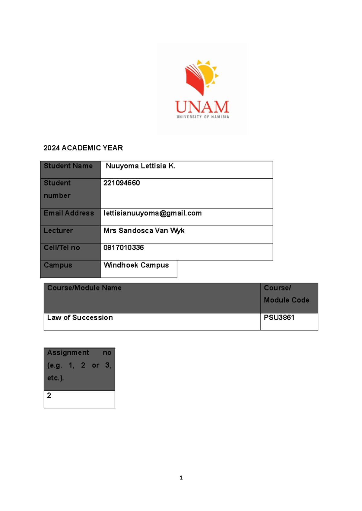 Law of Succession Assi 2 - 2024 ACADEMIC YEAR Course/Module Name Course ...