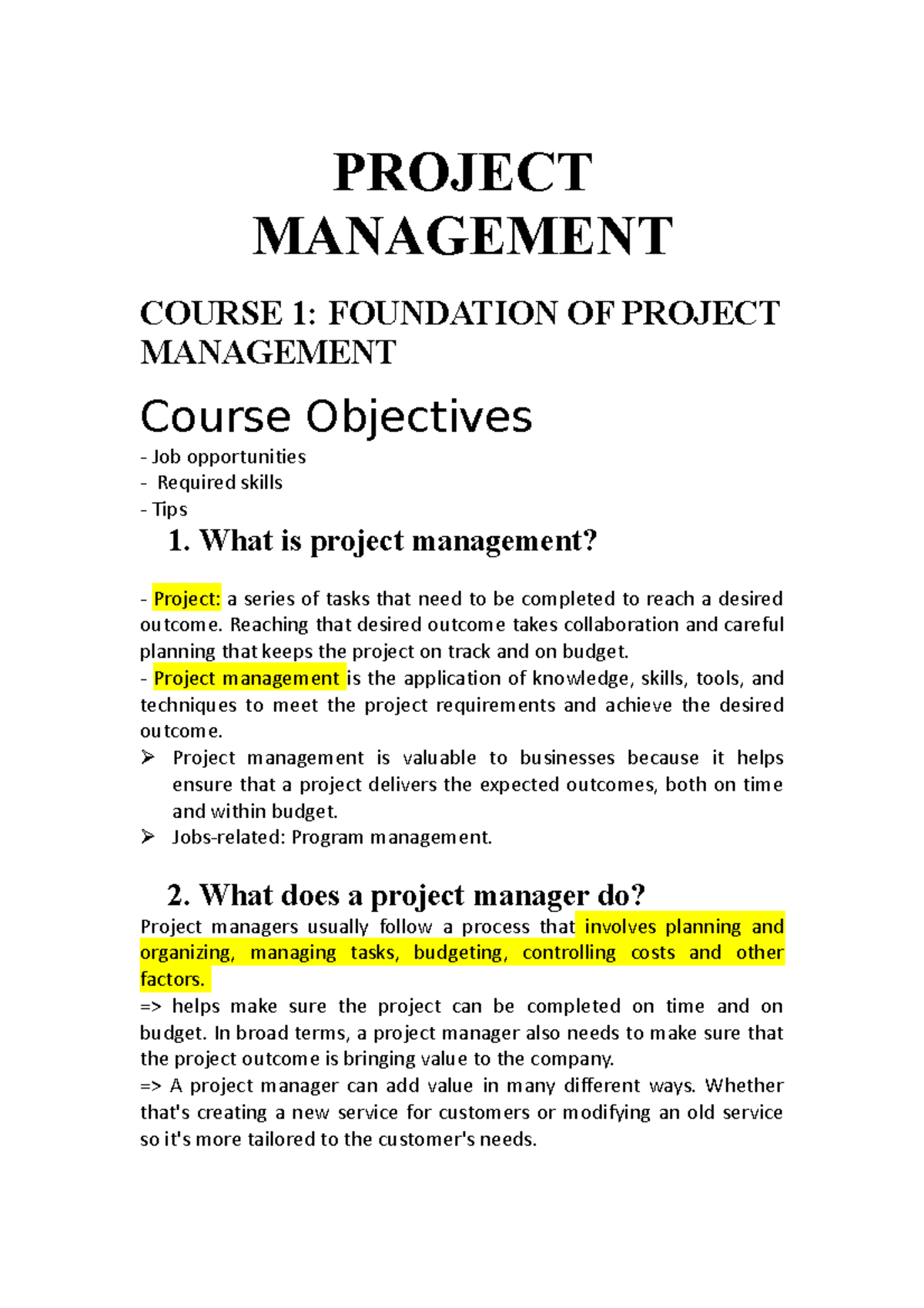 Project Management certificate - PROJECT MANAGEMENT COURSE 1 ...