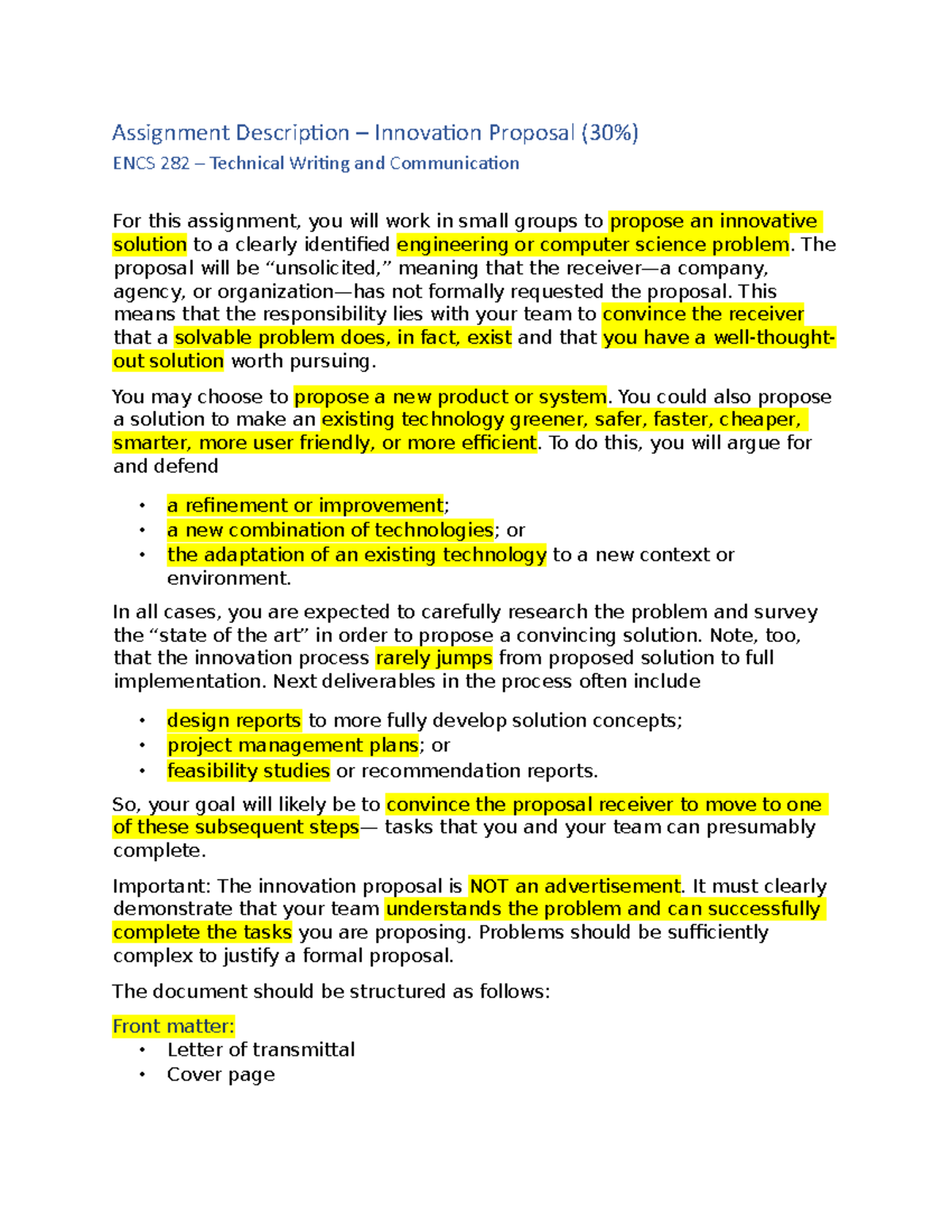 Assignment Description - Innovation Proposal - ENCS 282 - Concordia - Studocu