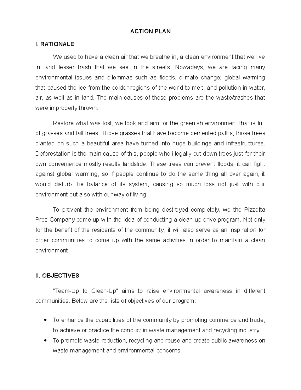 Action PLAN - Assessment - ACTION PLAN I. RATIONALE We used to have a ...
