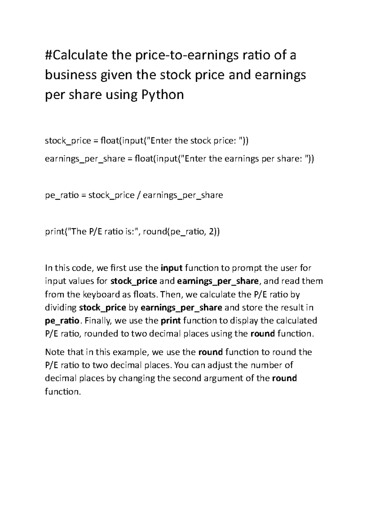 Price-to -earnings-python - #Calculate the price-to-earnings ratio of a ...