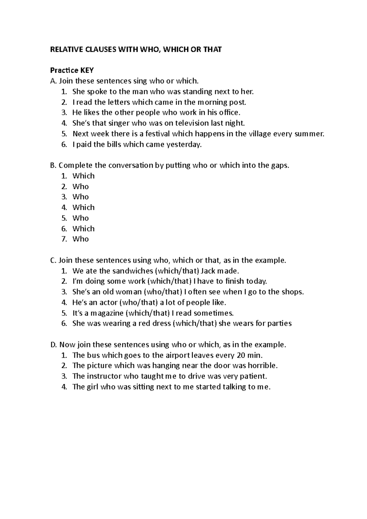 Relative-clauses-key - RELATIVE CLAUSES WITH WHO, WHICH OR THAT ...