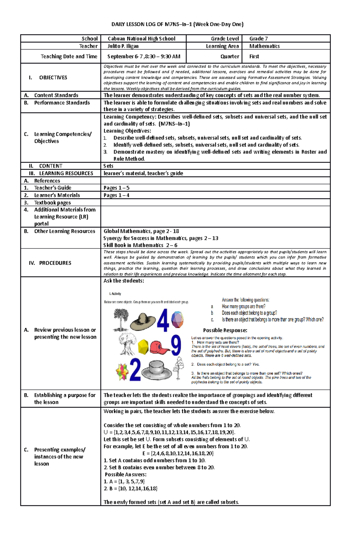 I-DAY 1 - lesson plan - DAILY LESSON LOG OF M7NS–Ia–1 (Week One-Day One ...