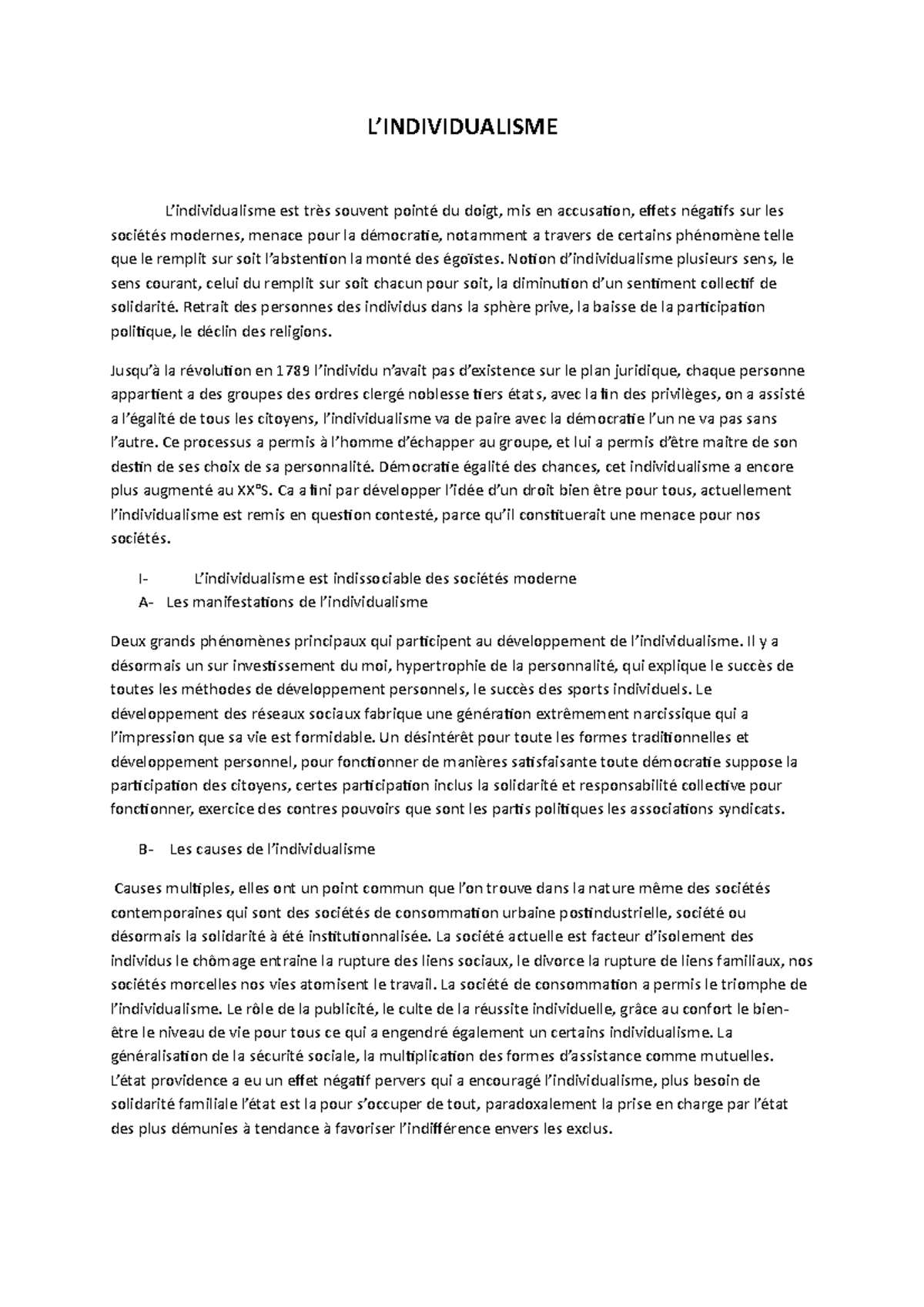 Cours 10 L’ Individualisme - L’INDIVIDUALISME L’individualisme est très ...