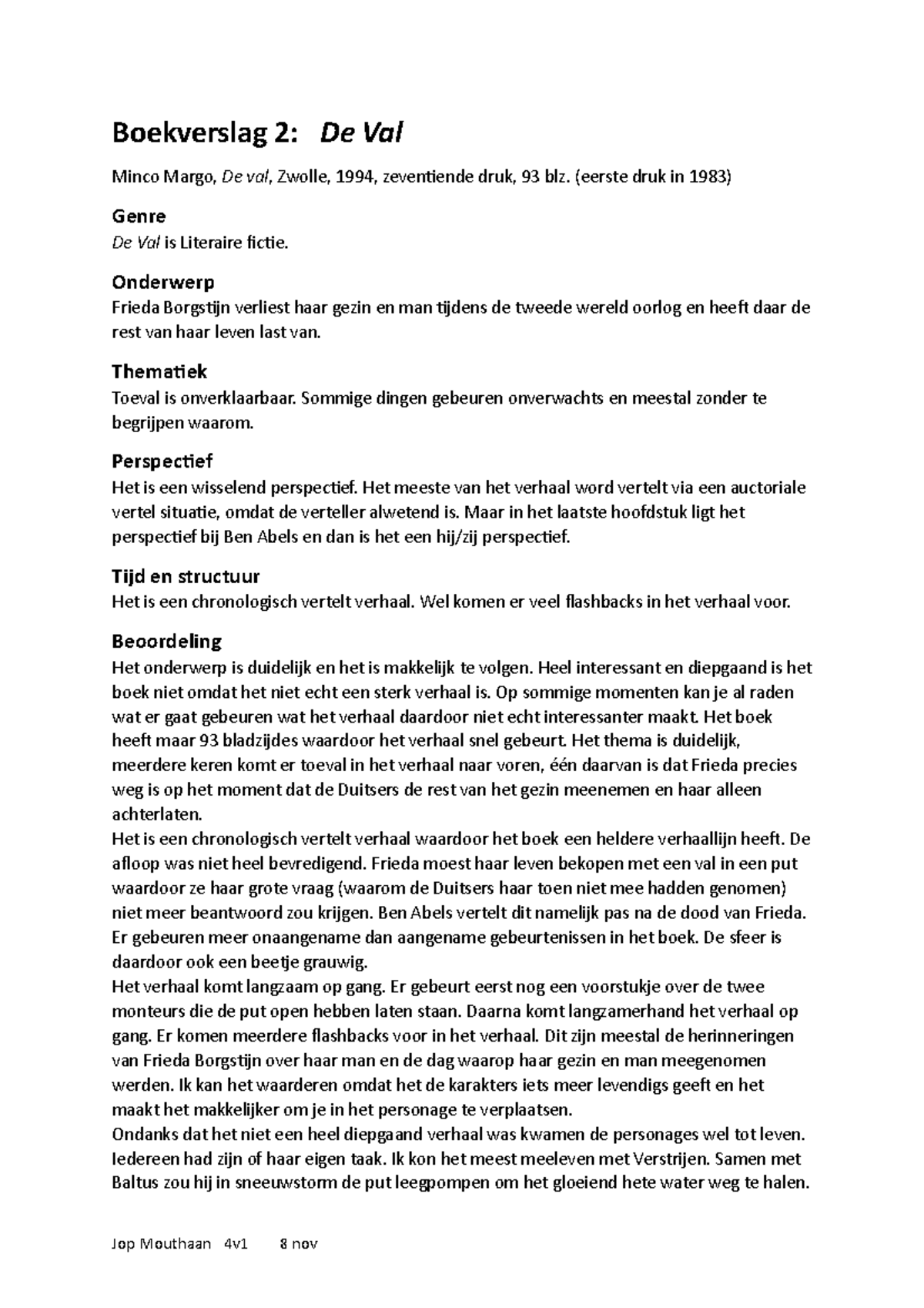 Boekverslag 2 De Val - nederlands - Boekverslag 2: De Val Minco Margo ...