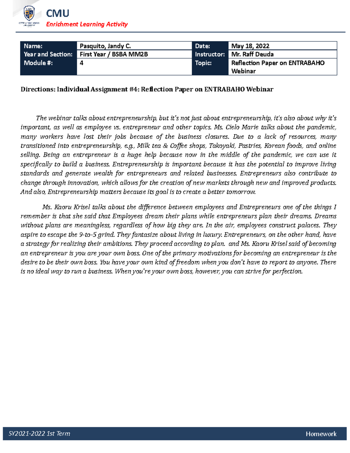 Reflection Paper on Entrabaho Webinar - Name: Pasquito, Jandy C. Date ...