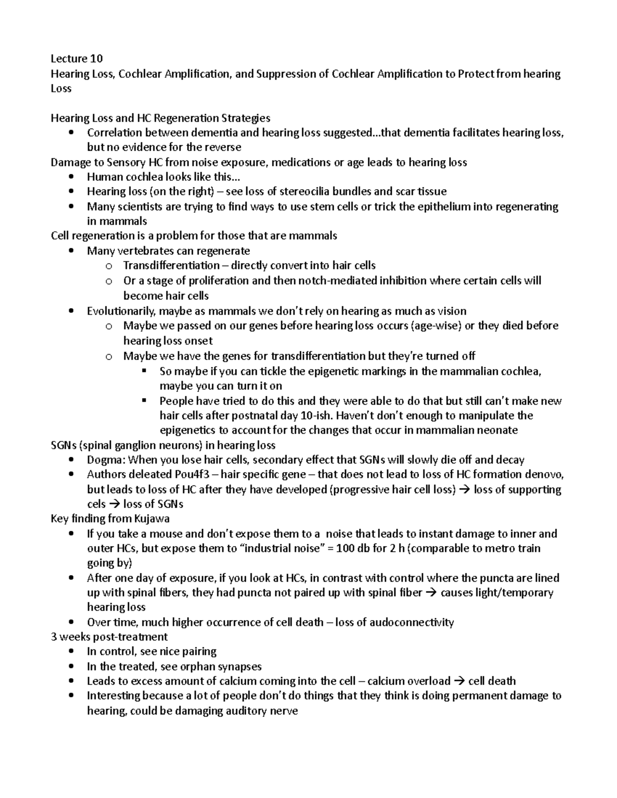 Lecture 10 Notes - Lecture 10 Hearing Loss, Cochlear Amplification, and ...