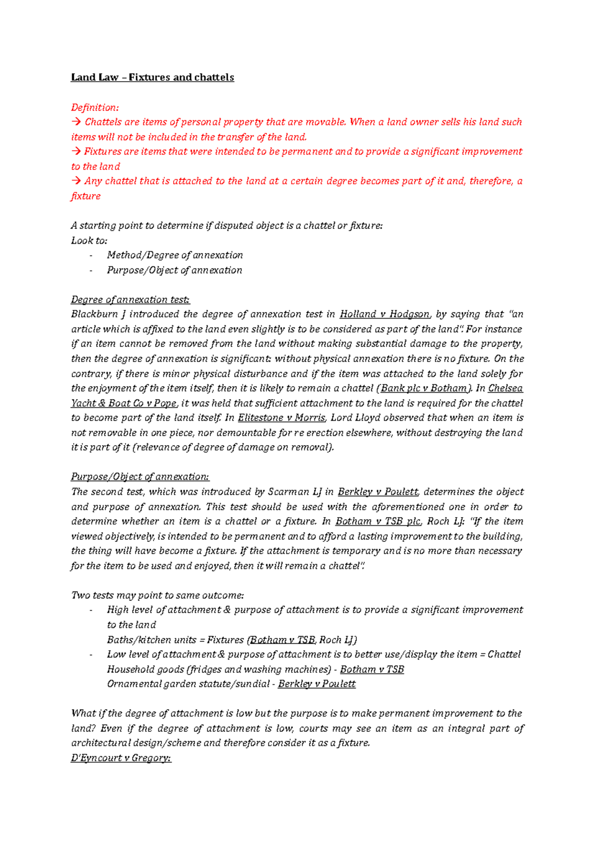 Fixtures and chattels - Summary of lecture + book chapter - Land Law ...