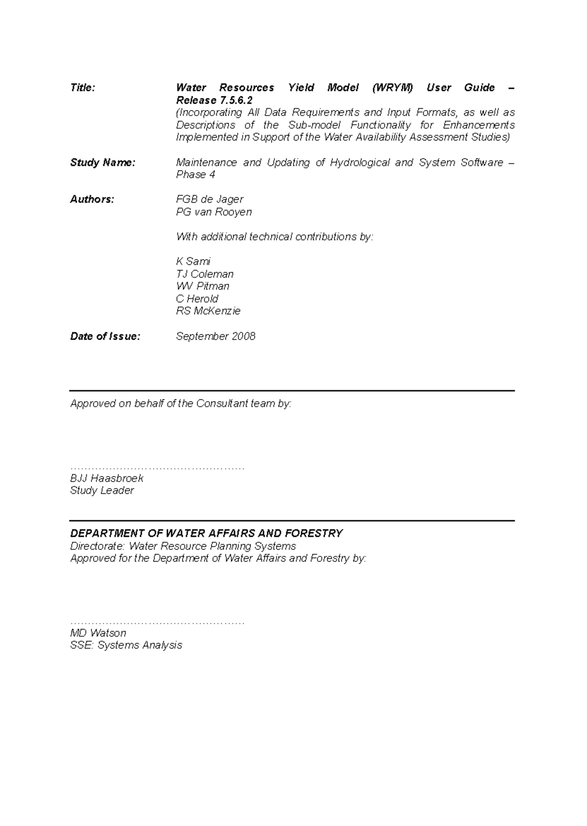 WRYM User Guide 7 - Modelling manual for runoff model. - Title: Water ...