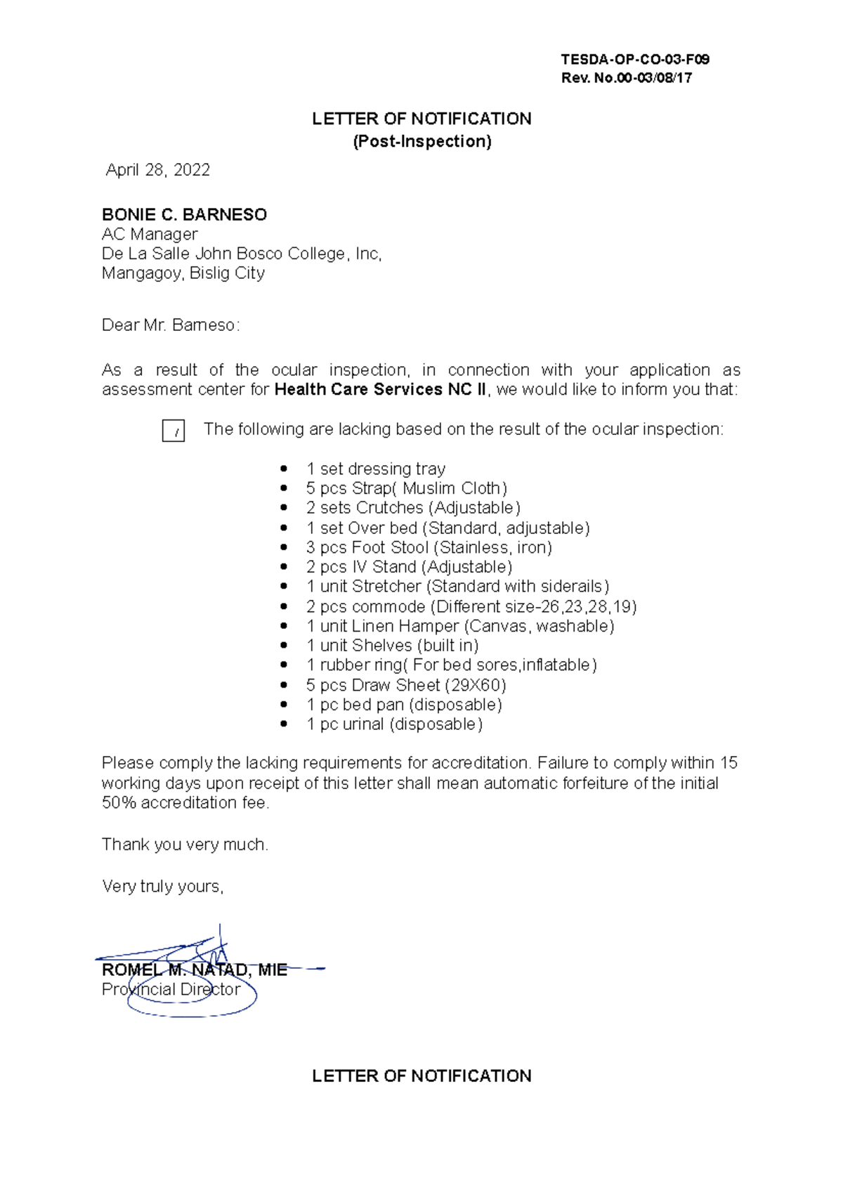 Tesda-OP-CO-03-F09 - Notification of Inspection (Post - Inspection ...