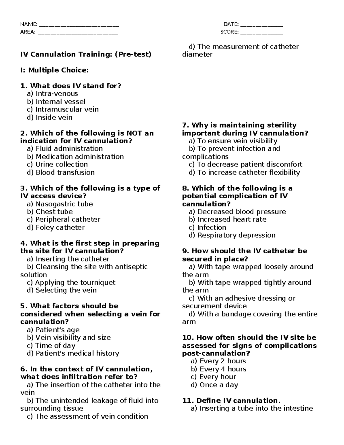 IV Cannulation Training Pretest - AREA ...