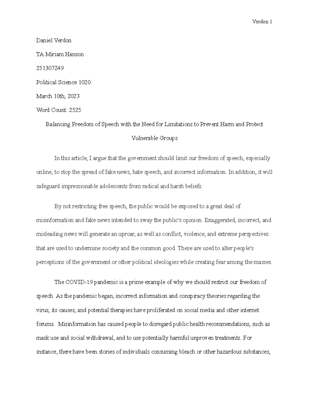 Poli Sci Essay - Daniel Verdon TA Miriam Hanson 251307249 Political ...