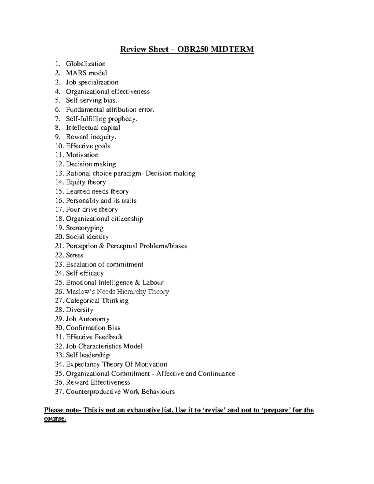 Review Sheet for midterm - Review Sheet – OBR250 MIDTERM 1 ...