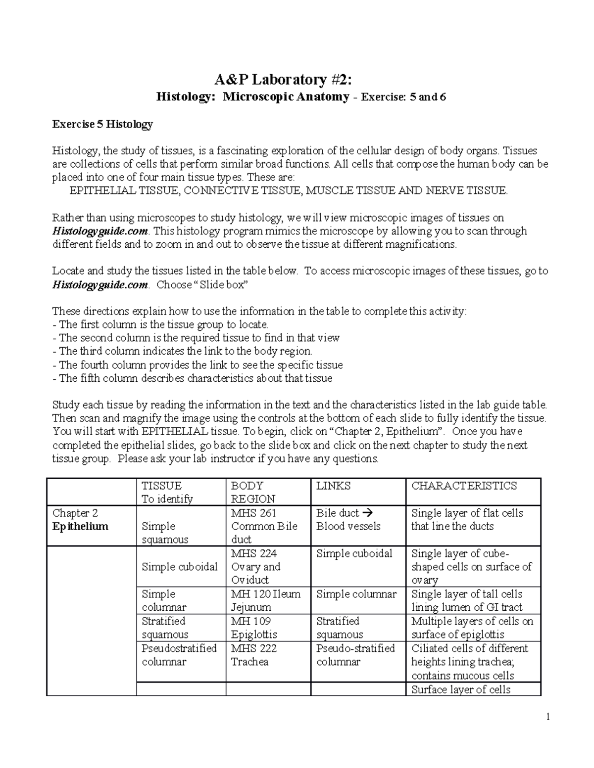 Histology lab guide online and campus 1 - A&P Laboratory #2: Histology ...