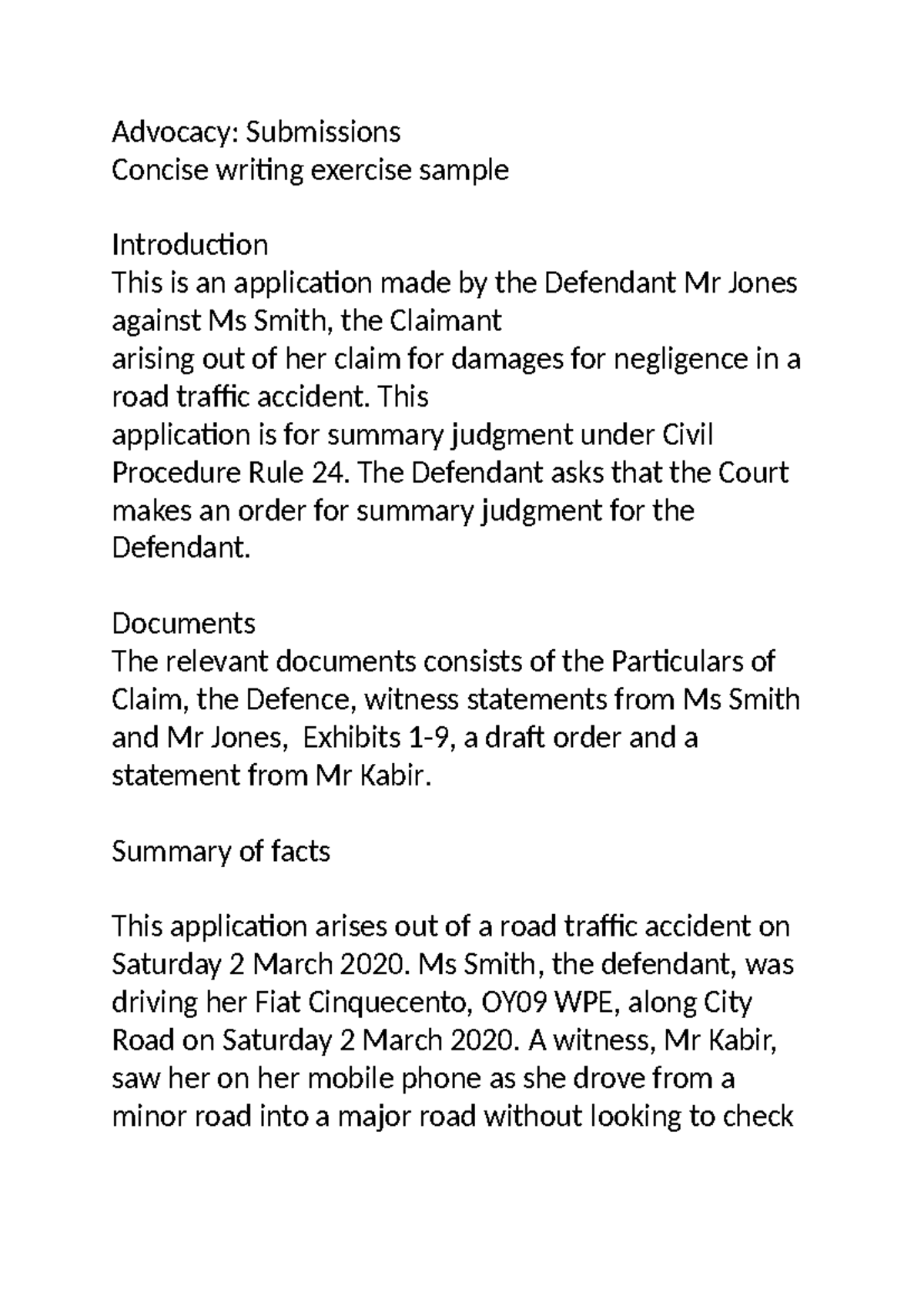 Advocacy concise writing exercise - Advocacy: Submissions Concise ...