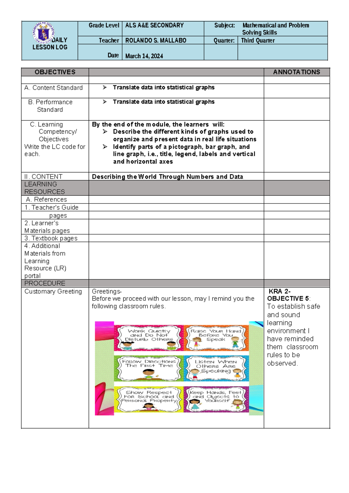 M ATH - DAILY LESSON LOG Grade Level ALS A&E SECONDARY Subject ...