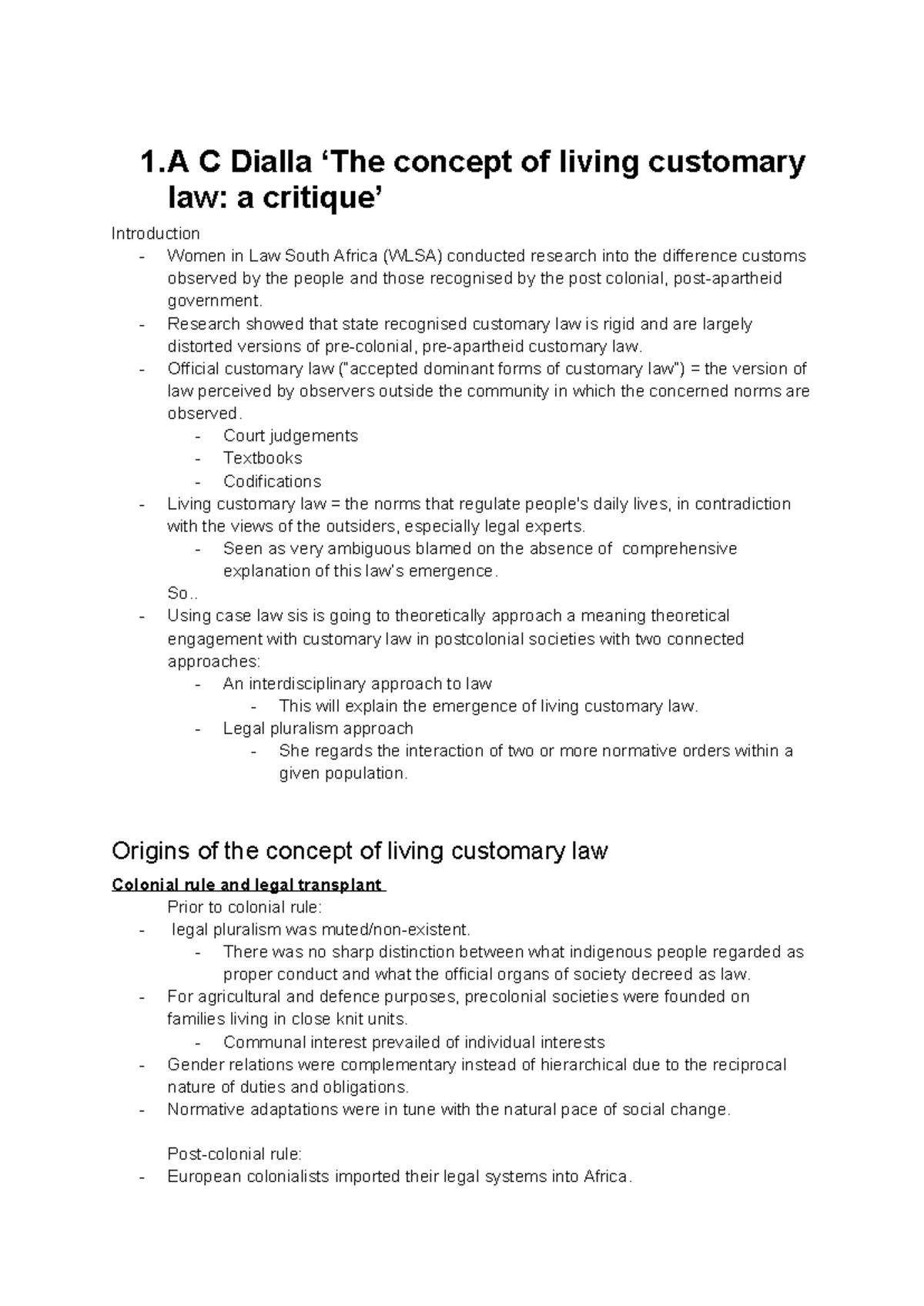 Customary Law Topic 1 readings - 1 C Dialla ‘The concept of living ...