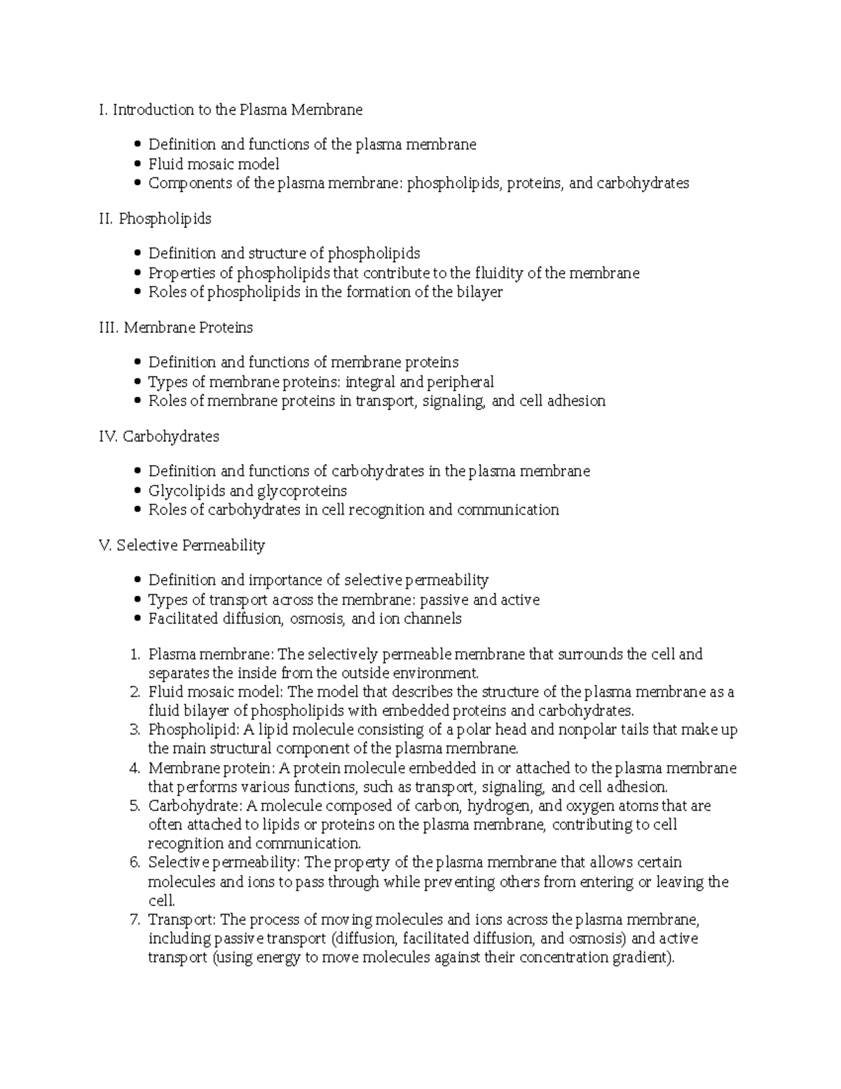 Plasma Membrane notes - I. Introduction to the Plasma Membrane ...