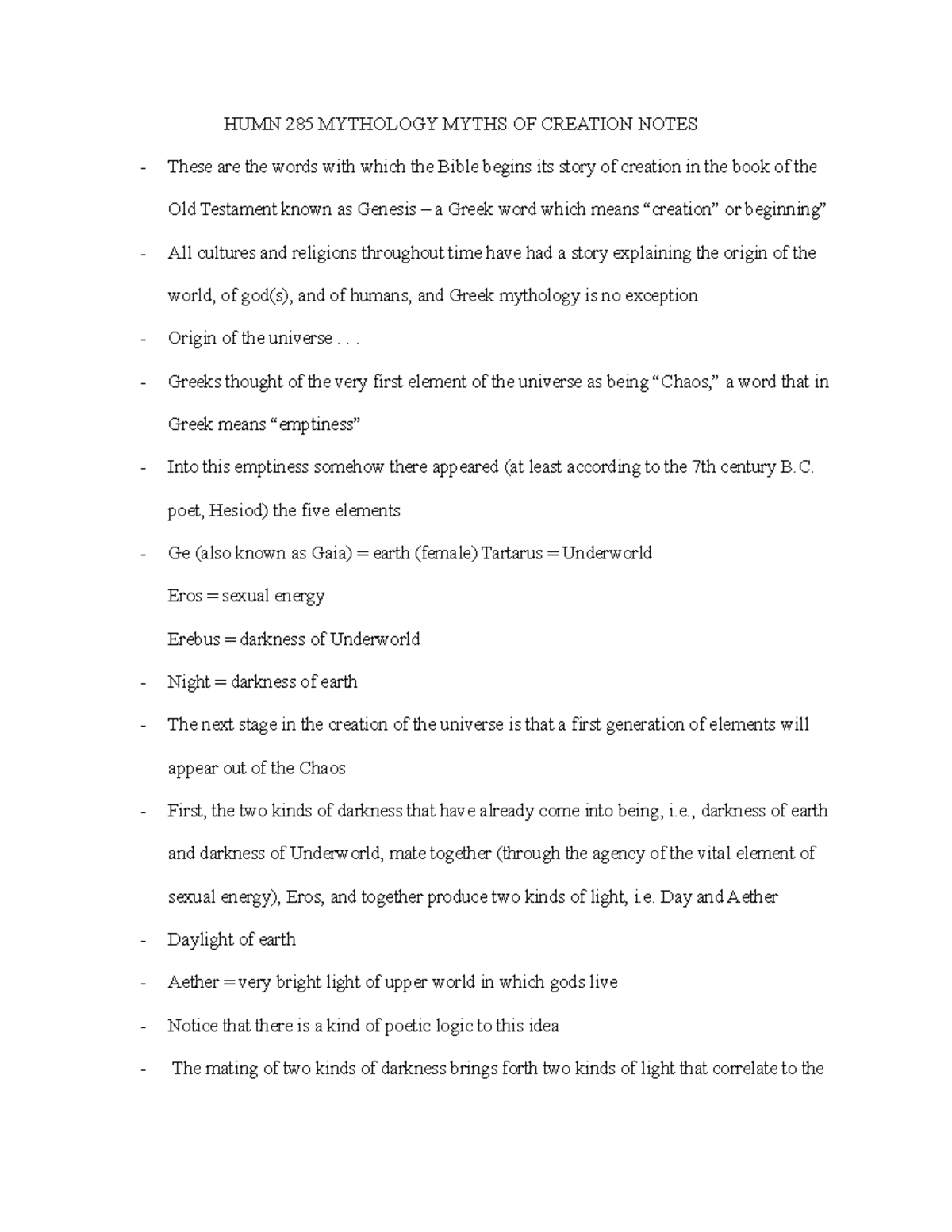 HUMN 285 Mythology Myths OF Creation Notes - HUMN 285 MYTHOLOGY MYTHS ...