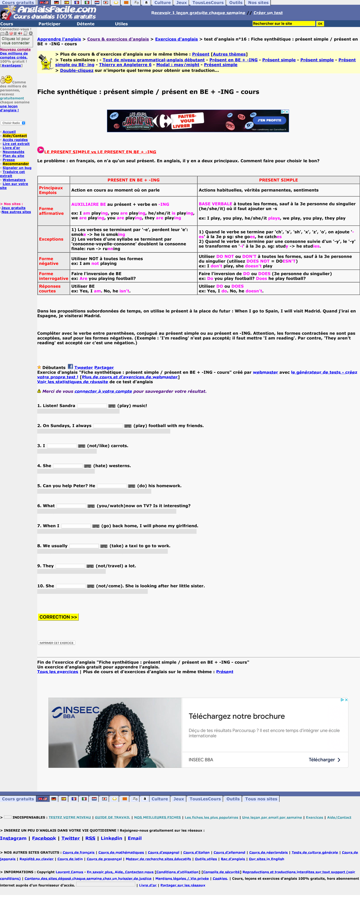 Fiche synthétique : présent simple : présent en BE + -ING-anglais ...