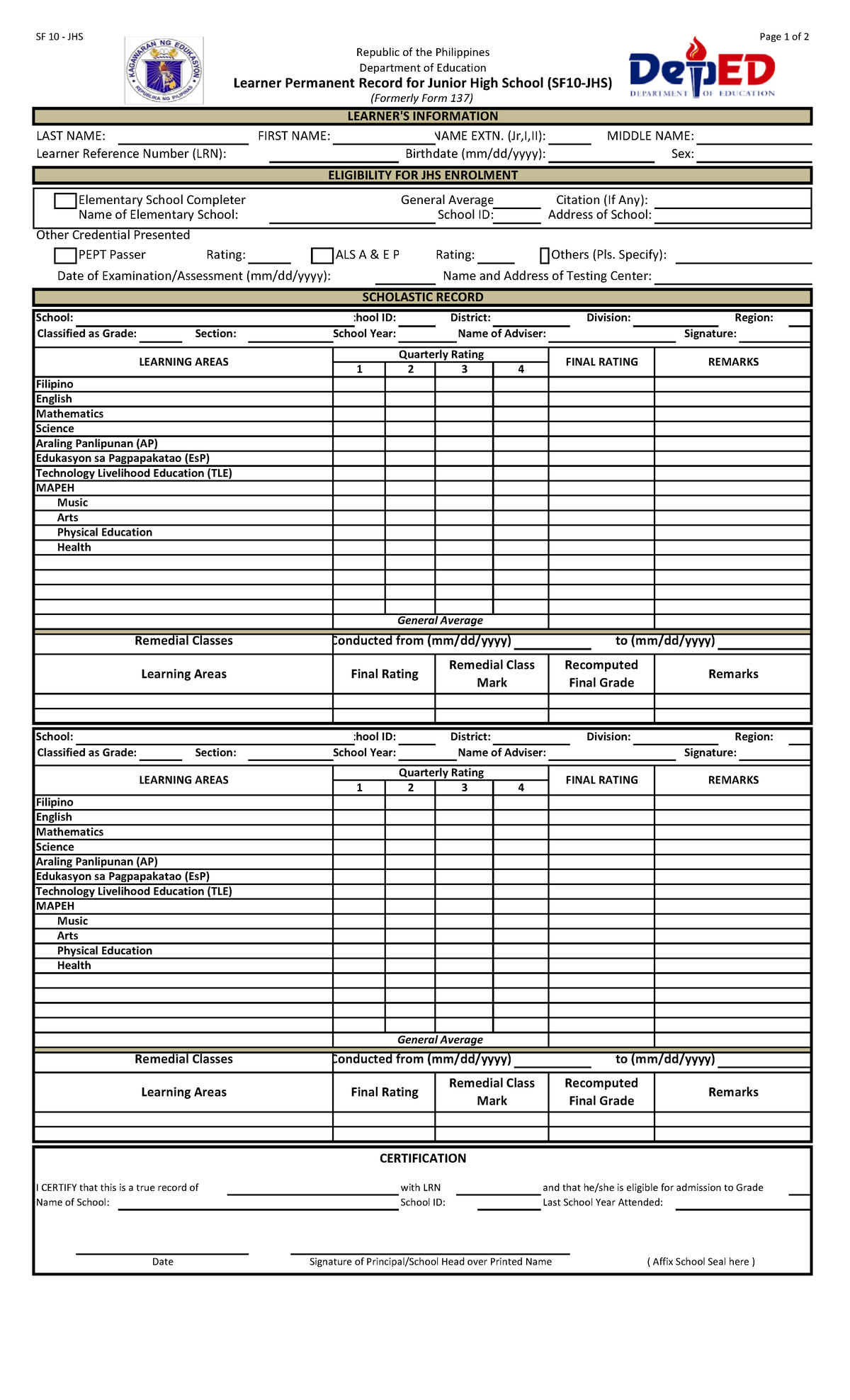 SF10 - Specify): Address of School: Citation (If Any): Learner ...