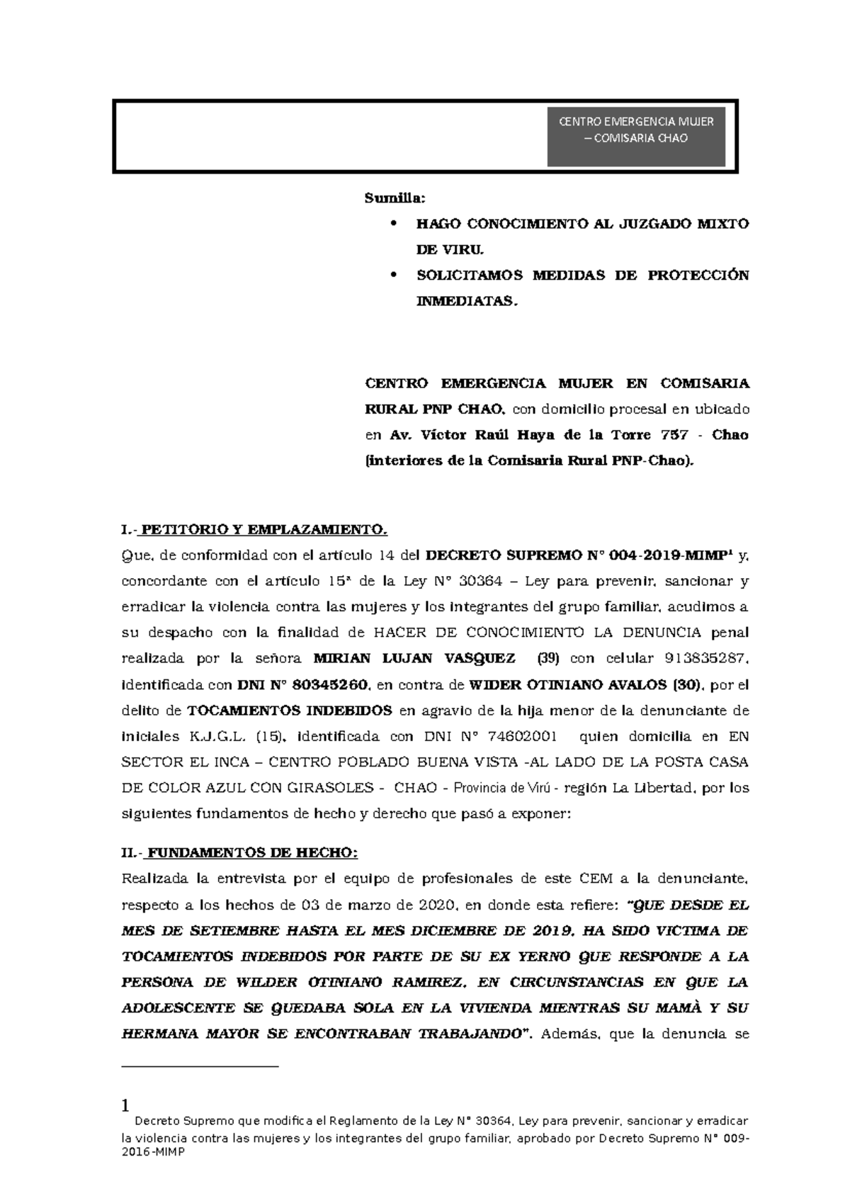 Solicito Medidas de Protección - modelo - COMISARIA CHAO Sumilla: HAGO ...