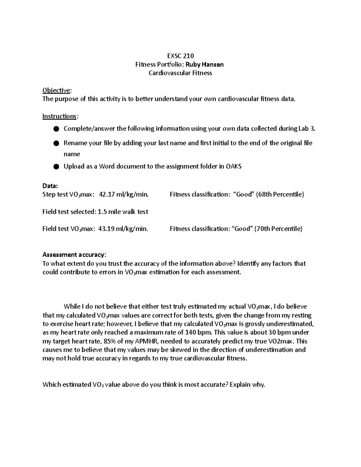 EXSC 210 Fit Portfolio CRF Hansen R - EXSC 210 Fitness Portfolio: Ruby Hansen Cardiovascular ...