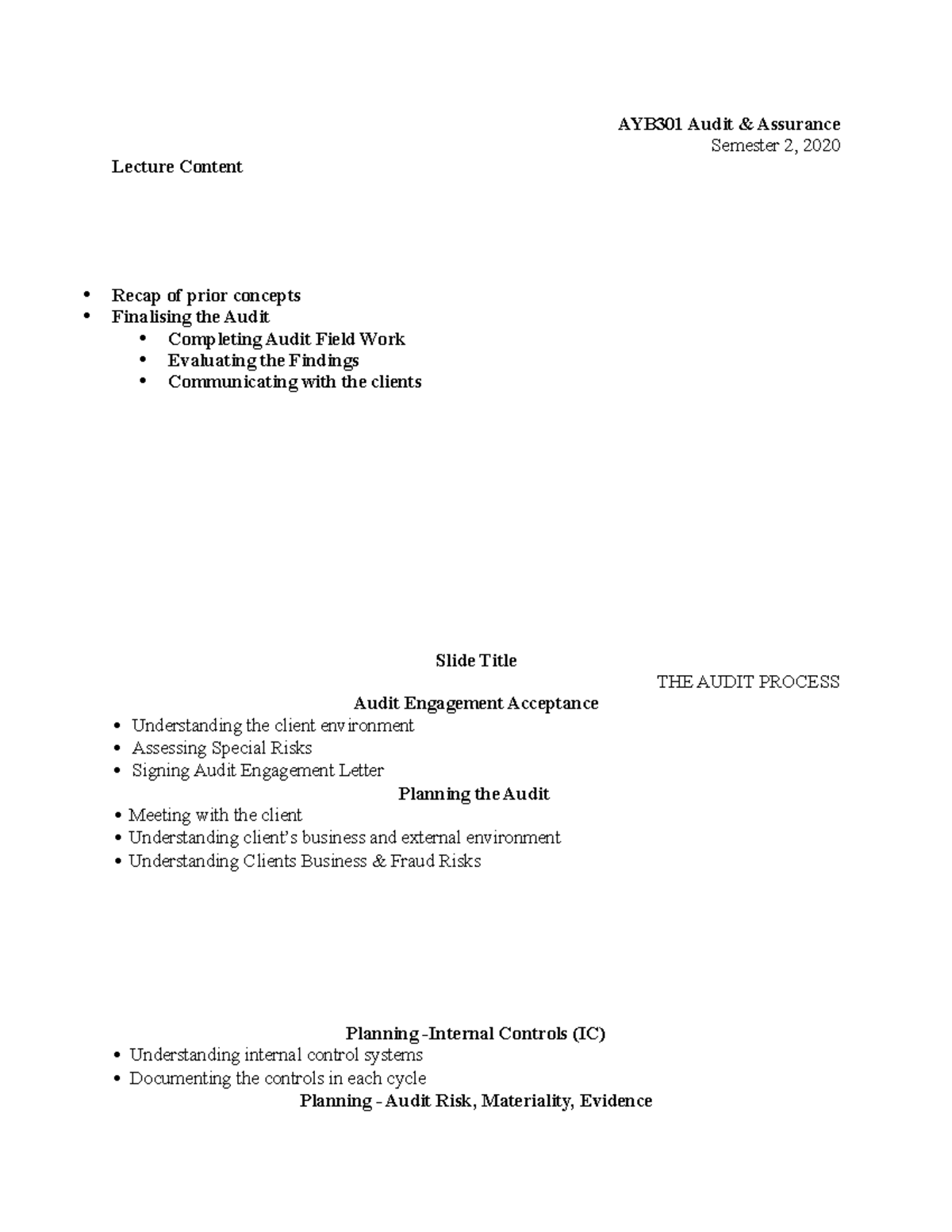 Ayb301 Auditing Lecture 11 Sem 23 Ayb301 Audit And Assurance Semester 2 2020 Lecture Content