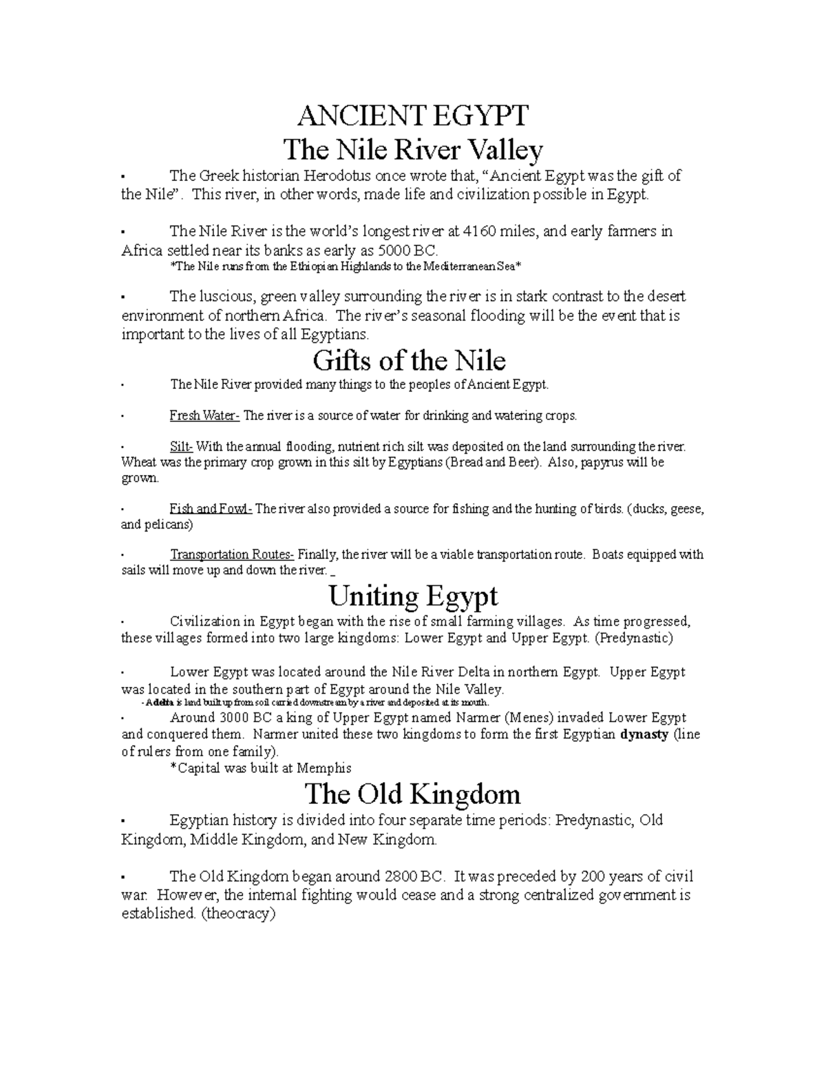Ancient Egypt Outline - Lecture notes 99 - ANCIENT EGYPT The Nile River ...