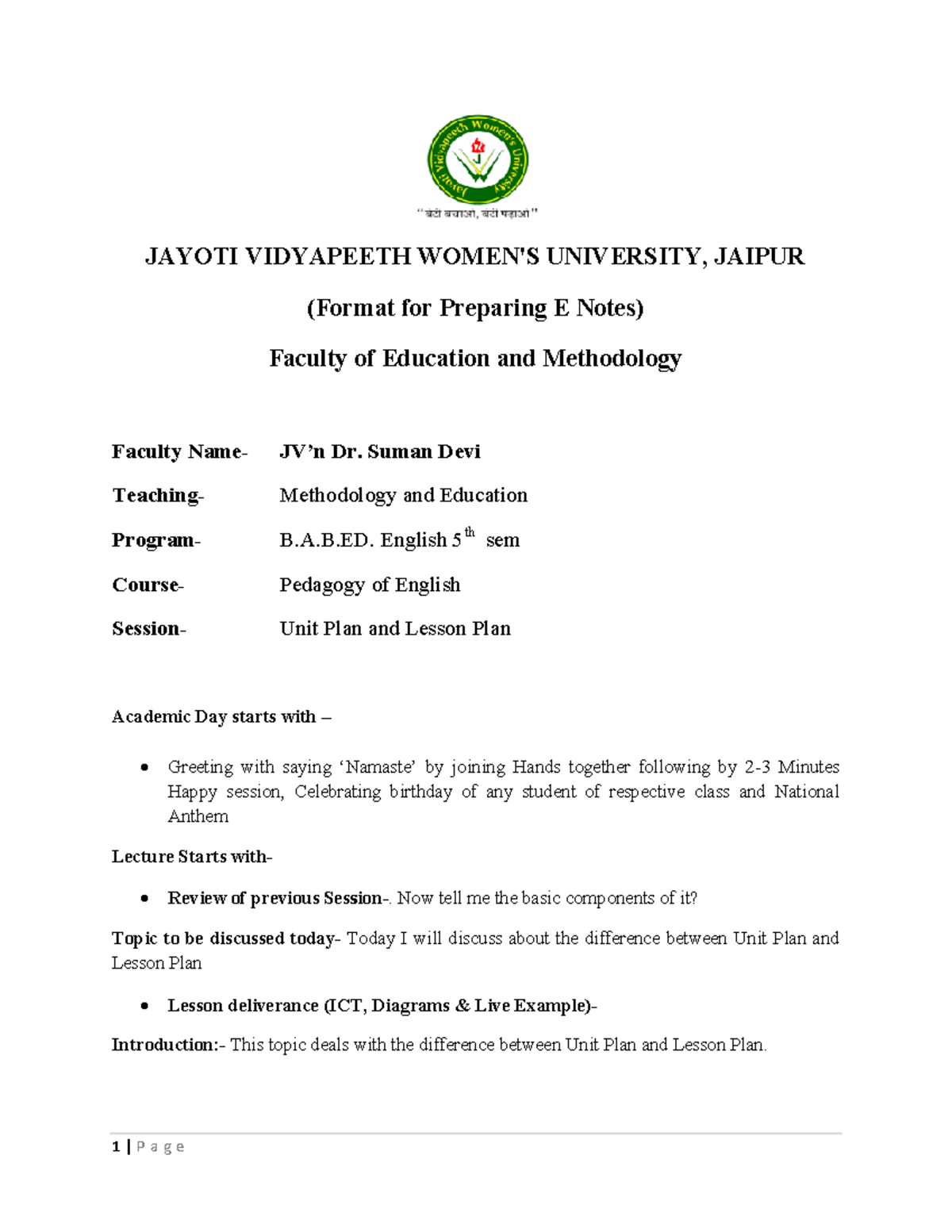 Unit Plan and Lesson Plan - JAYOTI VIDYAPEETH WOMEN'S UNIVERSITY ...