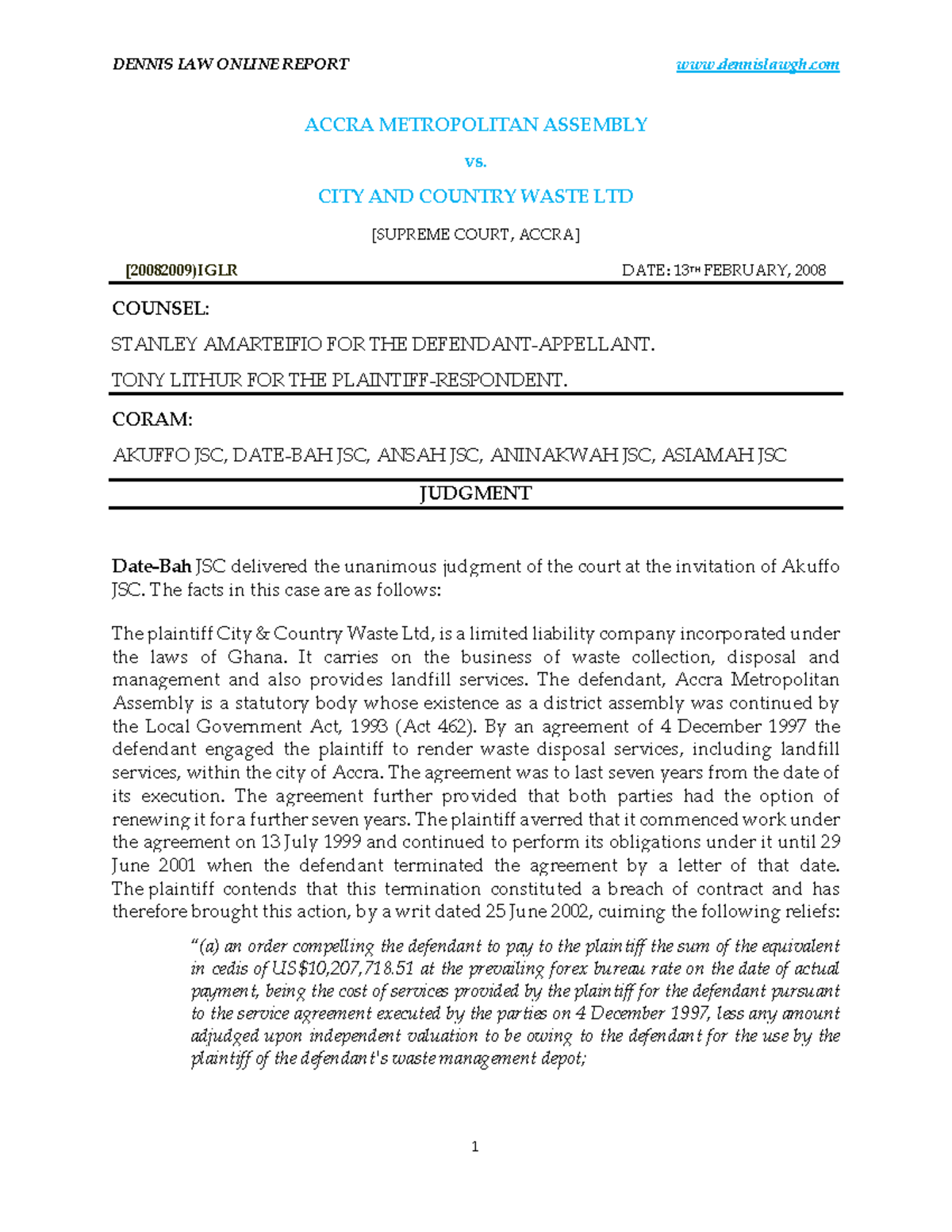 Accra Metropolitan Assembly vs CITY AND Country Waste LTD - ACCRA ...