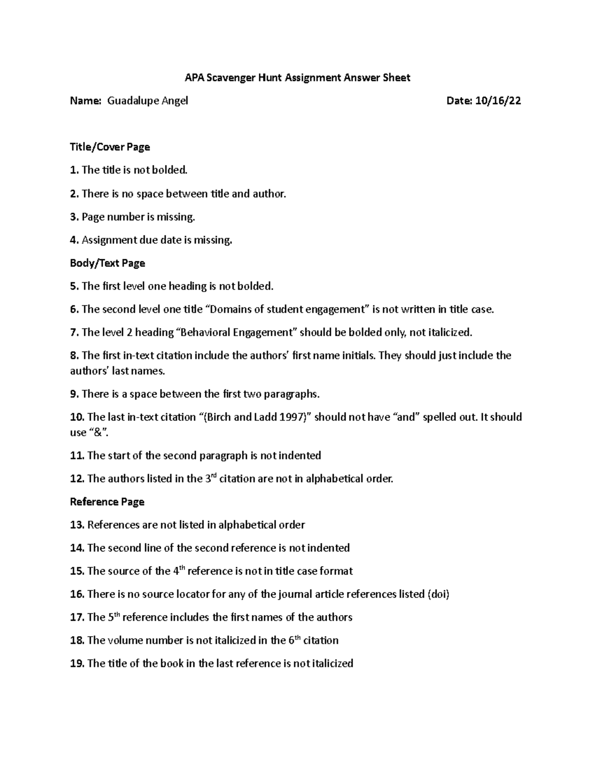 APA Scavenger Hunt Assignment Answer Sheet There Is No Space Between