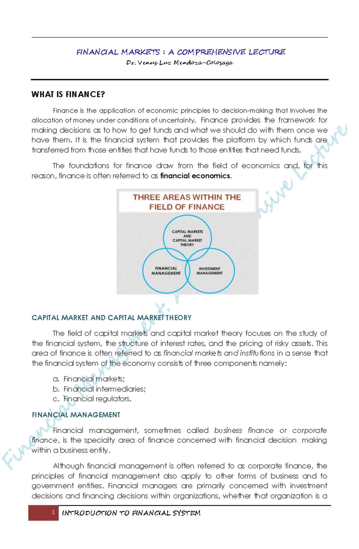 Comprehensive Lecture Notes IN Chapter 1 ( Financial Markets ... Comprehensive Lecture Notes IN Chapter 1 ( Financial Markets ...