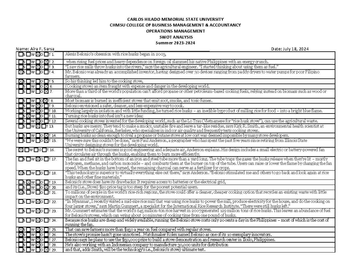 Situational Analysis Alexis Belonio RICE HUSK GASIFIER SWOT ANALYSIS ...