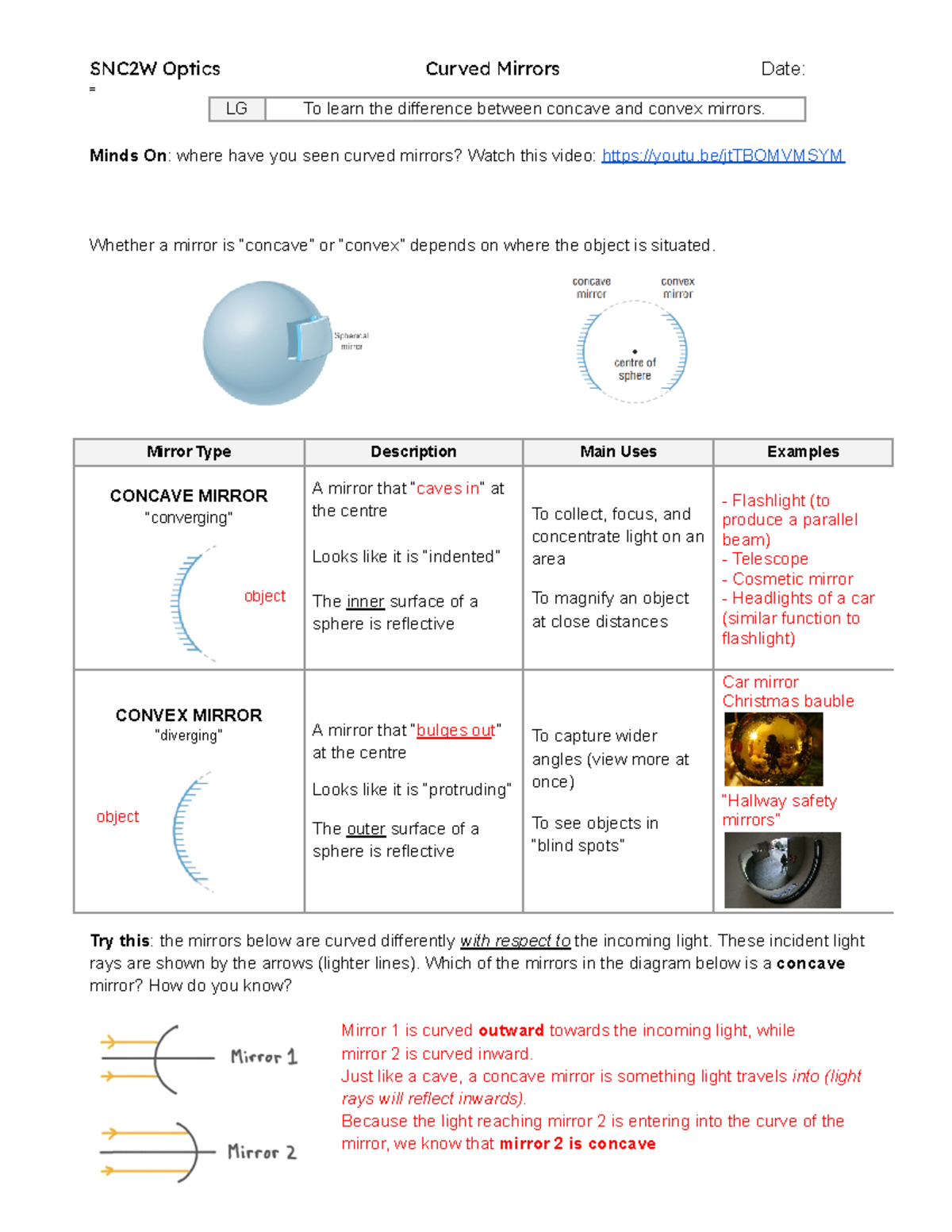 Copy of 6 Intro to Curved Mirrors (KEY) - SNC2W Optics Curved Mirrors ...